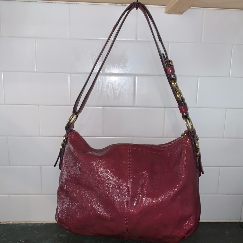 Coach Mia Raspberry Patent Leather Hobo Purse Handbag - Gem